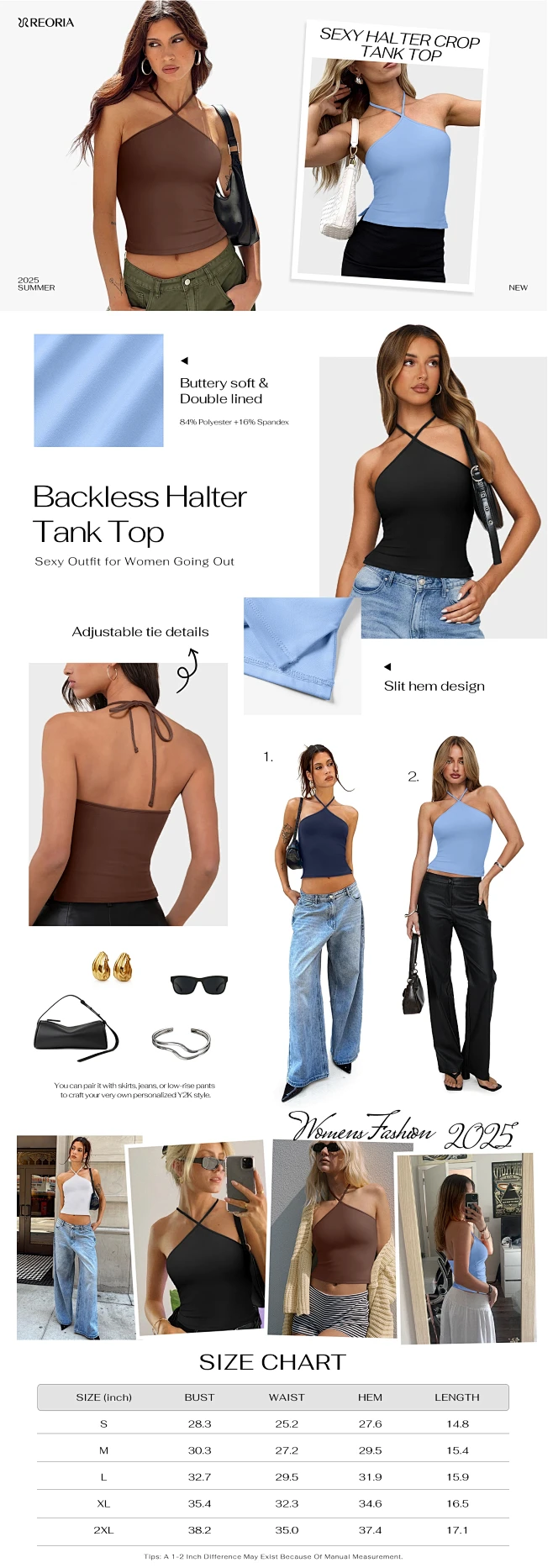 REORIA Crop Tank Tops for Women Halter Spaghetti Strap Tops Backless ...