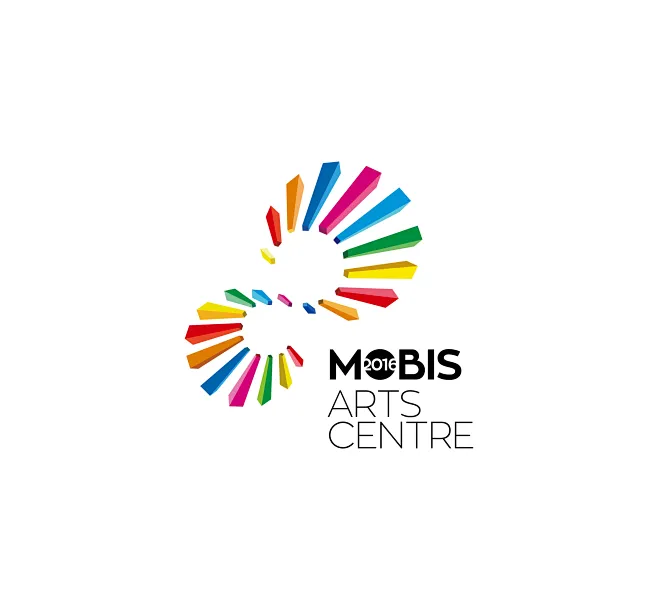 This may contain: the logo for mobis arts centre, which is designed to ...