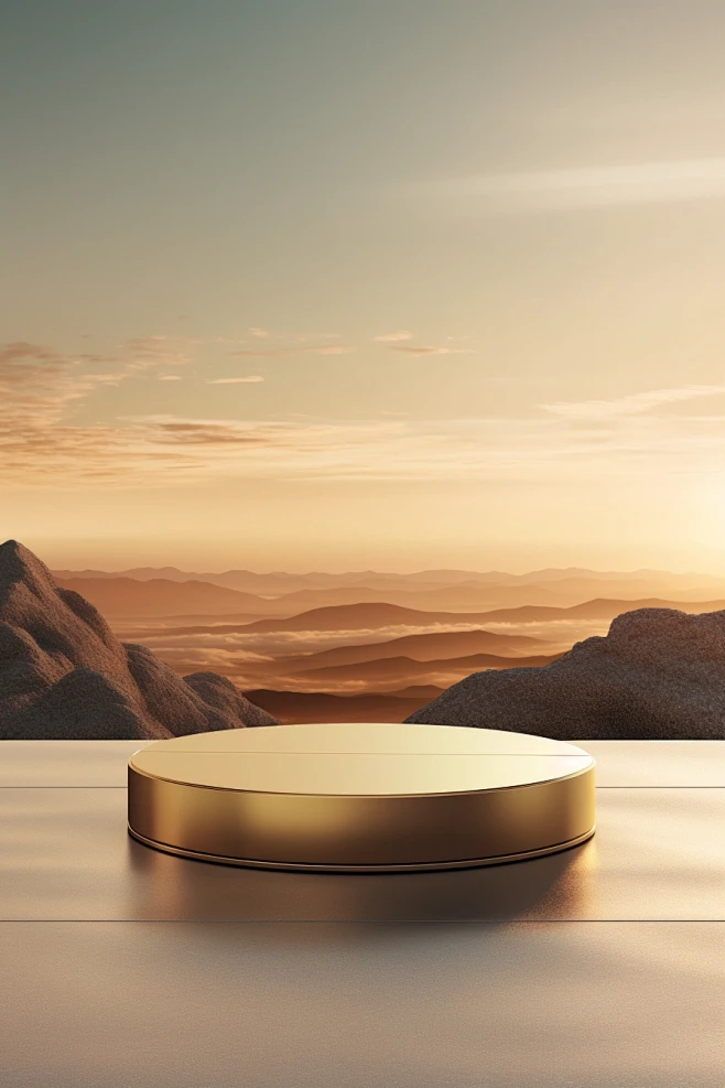 3d podium, in front of unbelievable view, nature, golden hour ...