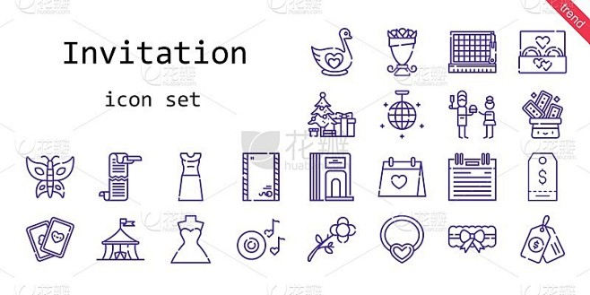 邀请图标集。行图标风格。邀请相关的图标，如婚纱，礼服，结婚戒指，卡片，吊袜带，天鹅，圣诞树，父亲，婚