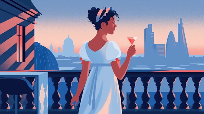 A Regency-era woman stands on a London rooftop terrace at golden hour ...