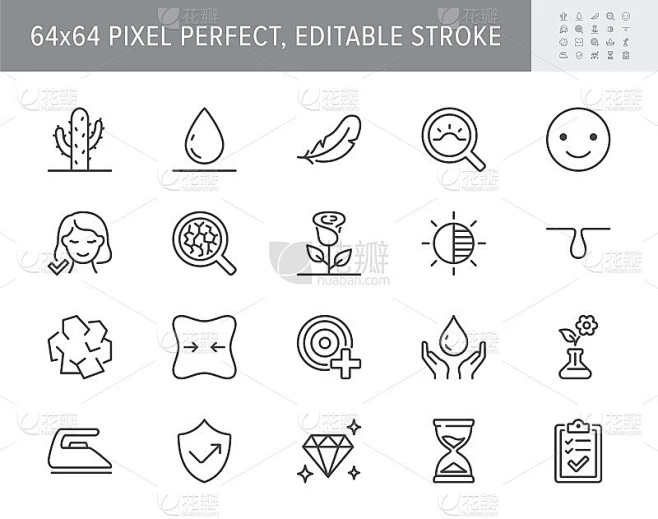 外观属性线条图标。矢量插图包括图标-霜，胶原蛋白，抗衰老效果，酒糟鼻，皱纹轮廓象形护肤产品。64x6素材-花瓣网