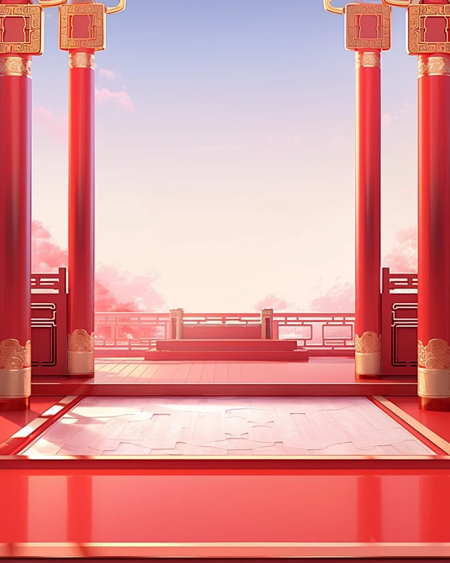 Red floor background with golden frame and chinese temple, in the style ...