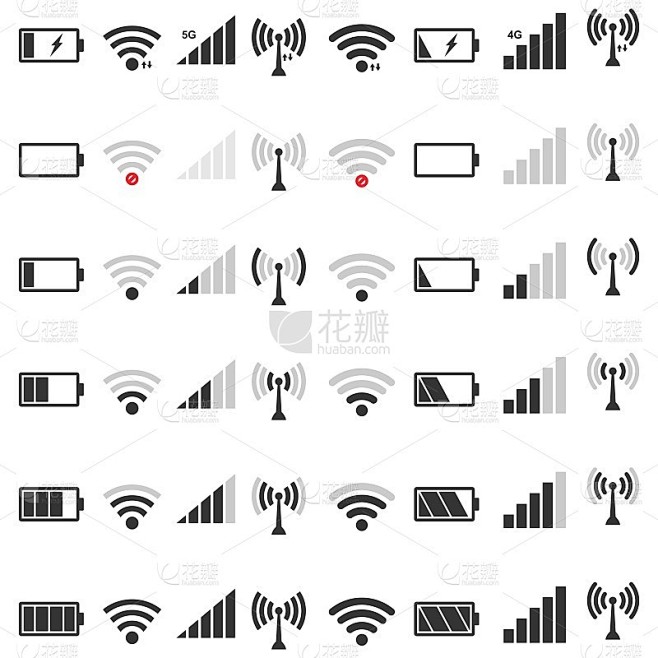 wifi信号图标设置，电池能量充电，移动信号水平图标矢量插图素材-花瓣网