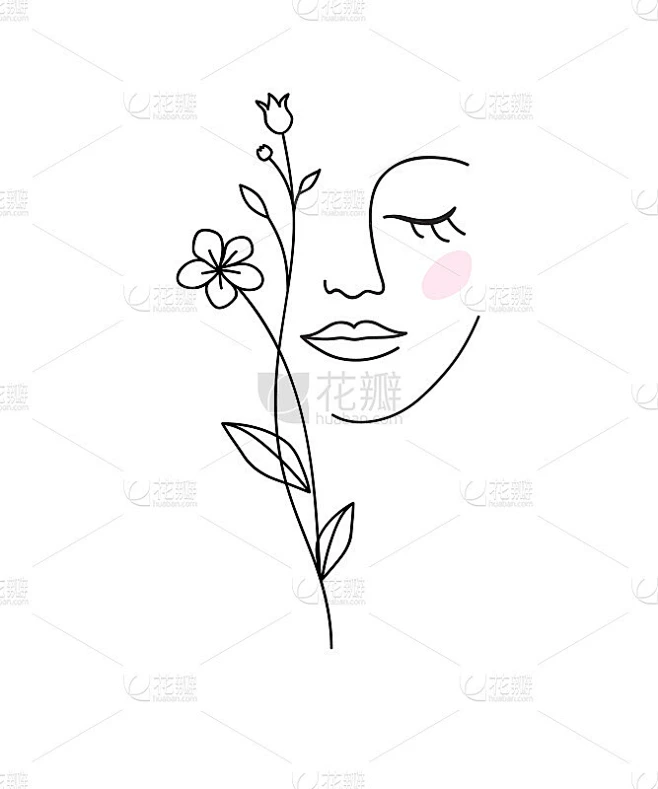 One line drawing. Abstract beautiful girl with flo素材-花瓣网