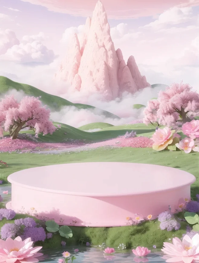 A pink round table in the middle of the water, surrounded by green ...