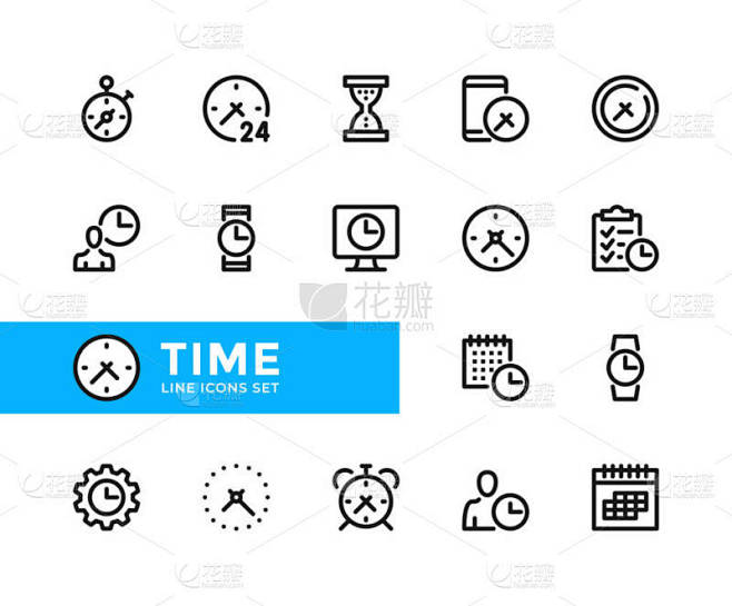 时间矢量线图标。一组简洁的纲要符号,图形设计元素.Pixel Perfect