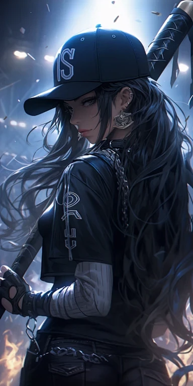 realistic game art, female cyberpunk chick, with baseball bat, bouncer ...