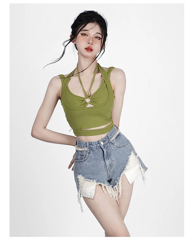 少也眼角色练习 显白绿色小众设计ins穿搭绑带挂脖吊带上衣2022-tmall.com天猫-花瓣网