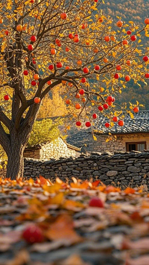 茅屋旁一颗落叶的柿子树树上挂满了红色柿子-花瓣网