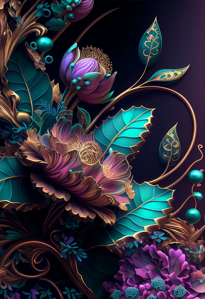 ornate pattern and abstract flowers and vines, gold and iridescent ...