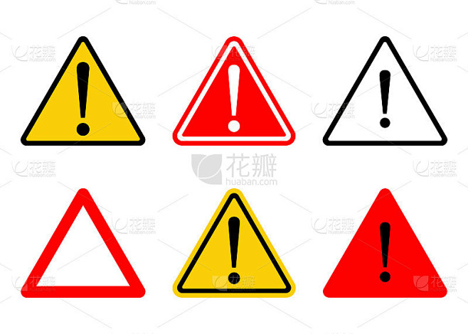 警告图标集。三角形符号上的感叹号。孤立的注意符号在白色背景上。矢量插图。
