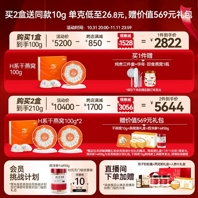 【保价180天】余仁生白燕窝H系金丝燕干燕盏礼盒100g进口溯源燕盏-tmall.com天猫-花瓣网