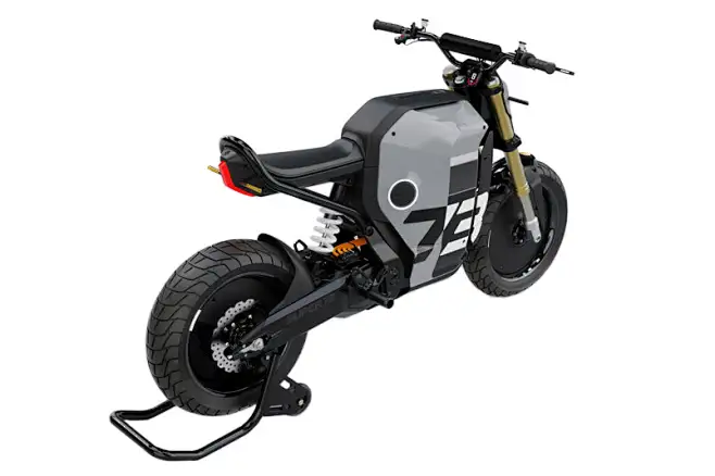 Rear angle studio shot view of gray Super73 C1X ebike on white ...