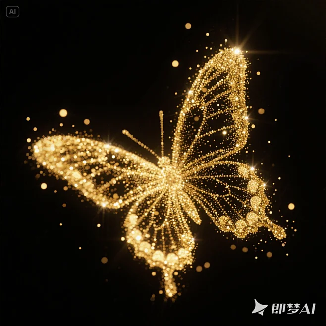 jimeng-2025-05-05-636-黑色背景，由金色粒子元素构成的翩翩起舞蝴蝶-花瓣网