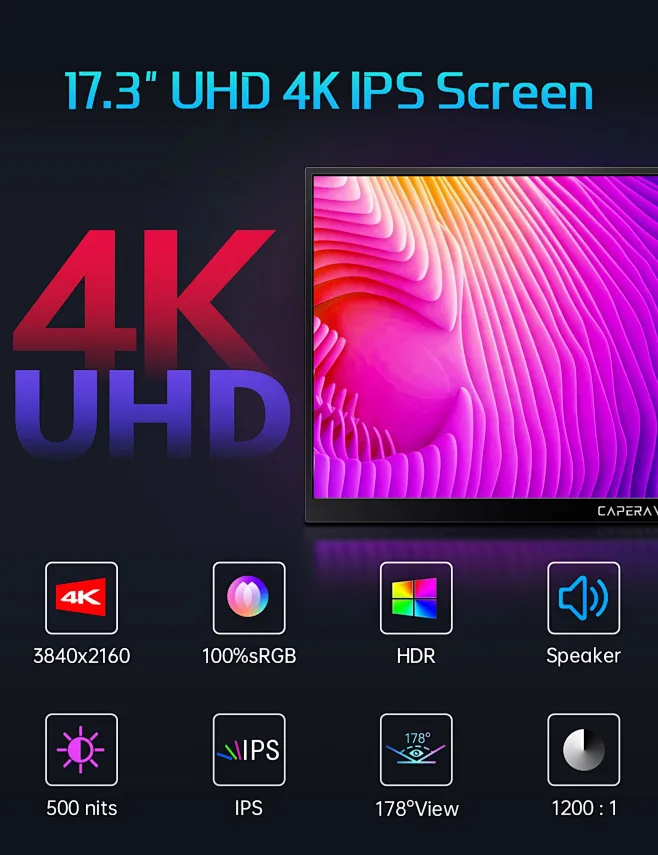Amazon.com: CAPERAVE 17.3" Portable Monitor 4K, 500 Nits 3840 * 2160p 100% Adobe RGB Travel ...