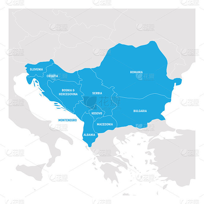 欧洲东南部地区。巴尔干半岛各国地图。矢量图