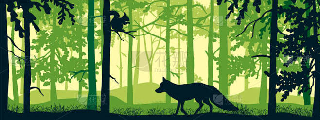 Horizontal banner of forest landscape. Fox and squ