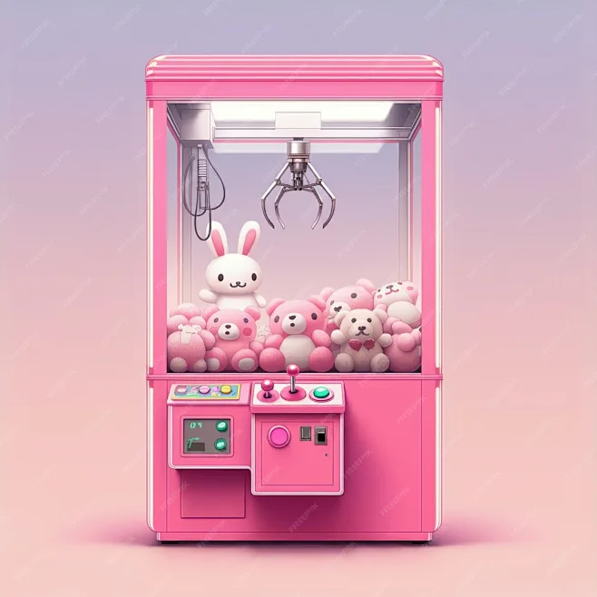 A pink claw machine filled with plush toys including a white bunny and ...