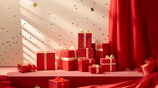 Gifts with red boxes and gold foil on a shelf, in the style of ...