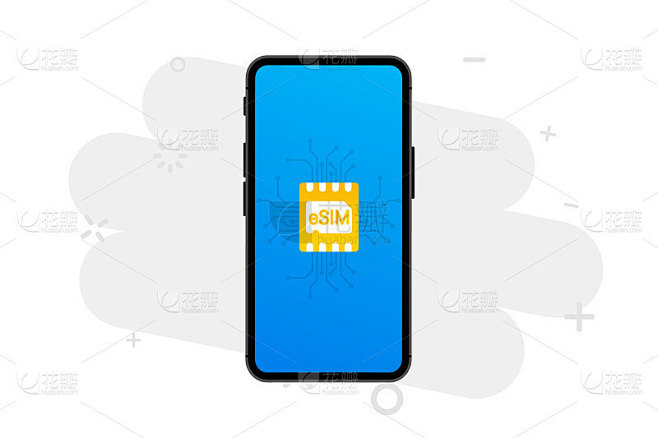 带有芯片的移动设备。嵌入式SIM卡。新的移动通信技术概念。智能手机eSIM卡芯片标志。带有电子sim
