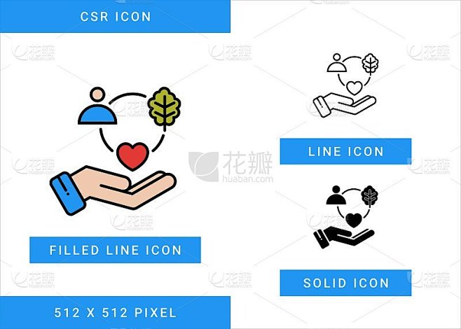 CSR图标设置矢量插图与固体图标线条风格。企业社会责任符号概念。