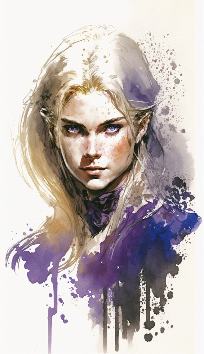 female blond 16 year old wizard with purple eyes, style of Bill ...