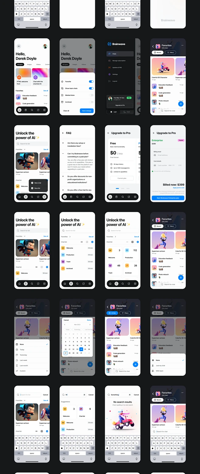 A01 双配色Ai人工智能ChatGPT聊天机器人社交App应用ui界面设计Fig设计套件Brainwave – AI iOS UI Kit-花瓣网