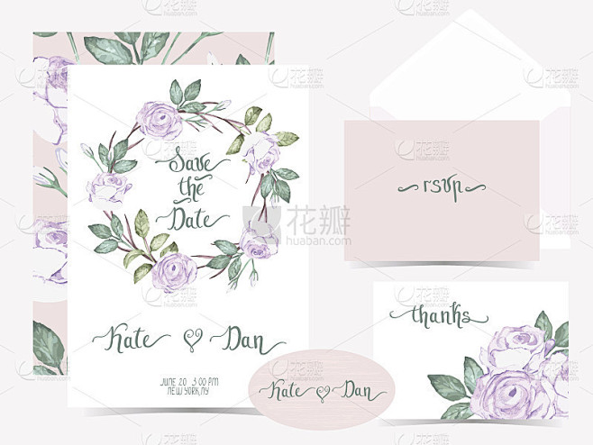 矢量收集邀请卡与水彩花。