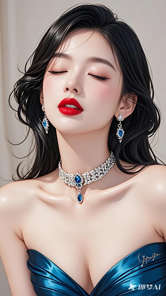 1girl, artist name, bare shoulders, black hair, blue dress, breasts, closed eyes, collarbone ...