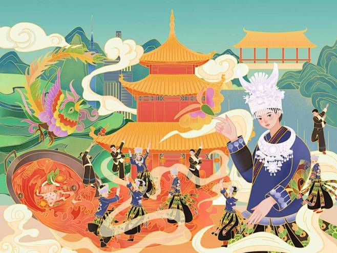 原创国潮插画——印象贵州_一团羊羊__插画师作品_涂鸦王国gracg.com