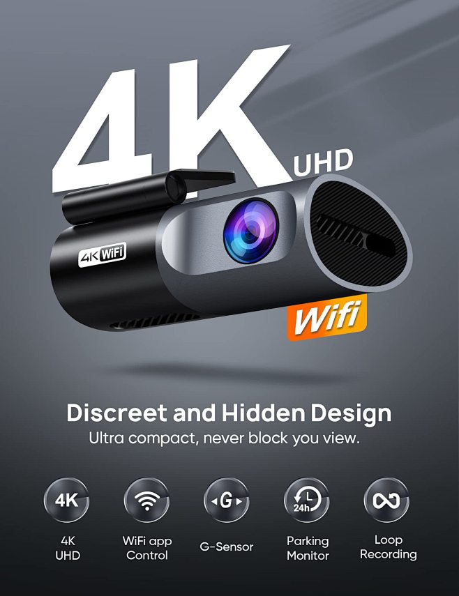 Amazon.com: 4K WiFi 2160P Dash Camera for Cars, Cam Front Recorder with App, 24 Hours Parking ...