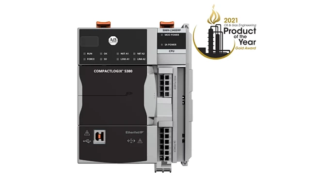CompactLogix™ 5380 过程控制器，目录 5069-L340ERP，在白色背景下的正视图。2021 年度石油和天然气工程产品金奖 ...