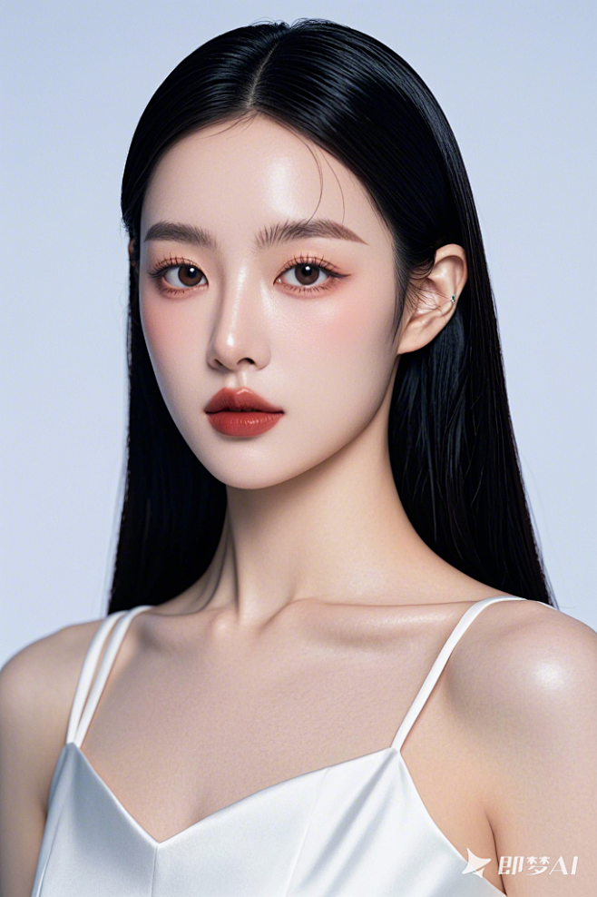 摄影人像，御姐写真，肤白透亮，标准正面半身证件照，五官立体，不要碎发，正面照，头留2厘米空白，高级精致五官，淡妆，东方面孔的美女，轮廓清晰 ...