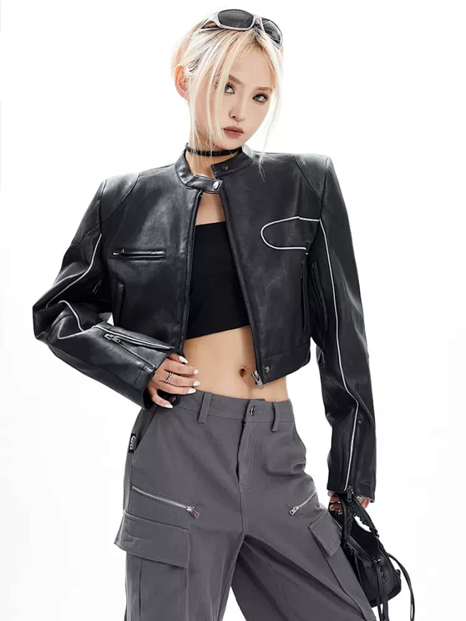 APEA2022冬季辣妹小众复古拉链PU皮衣高级感机车夹克短款外套女Q-tmall.com天猫-花瓣网