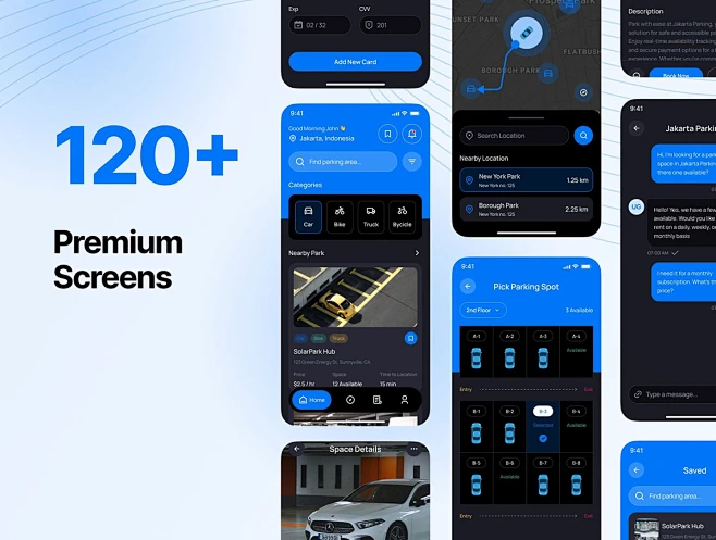 手机停车泊车停车场定位查找app设计模板用户界面蓝色UI套件 Spotter - Parking System Management - 格外视觉(uigui.cn)-国外高品质设计素材共享网-花瓣网