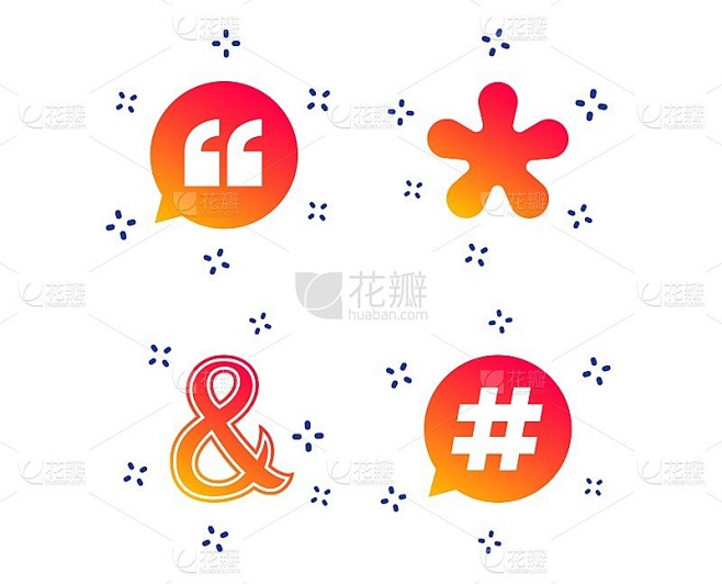 Quote, asterisk footnote icons. Hashtag symbol. Ve