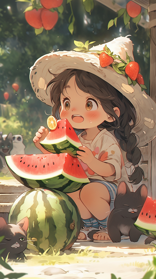Summer is coming, a little girl is eating watermelons in a rural yard. Next to her is a little ...