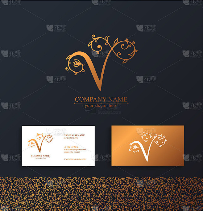 Premium Vector V标志。Monnogram,刻字。无缝模式和名片。精英公司的个人标志或