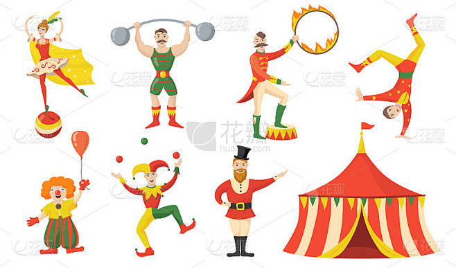 Cheerful circus character and performers flat set
