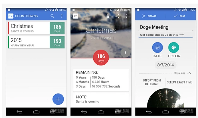 Holo Countdown 精确度大到年月日，小到时分秒，满足某些用户对准确度的高要求，例如火箭发射…… 你可以为每一个倒数日程配备一张应景的图片，也可以对其标注颜色帮助区分不同类别，同时还 ...