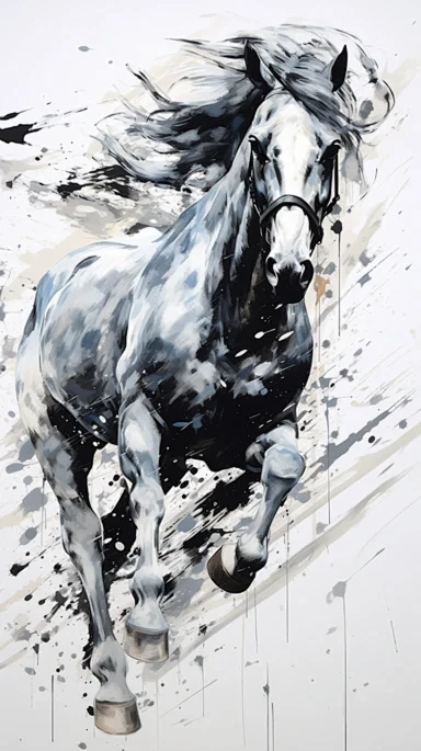 minimalist splashy running horse drawn in spilled paint, Yoji Shinkawa-花瓣网