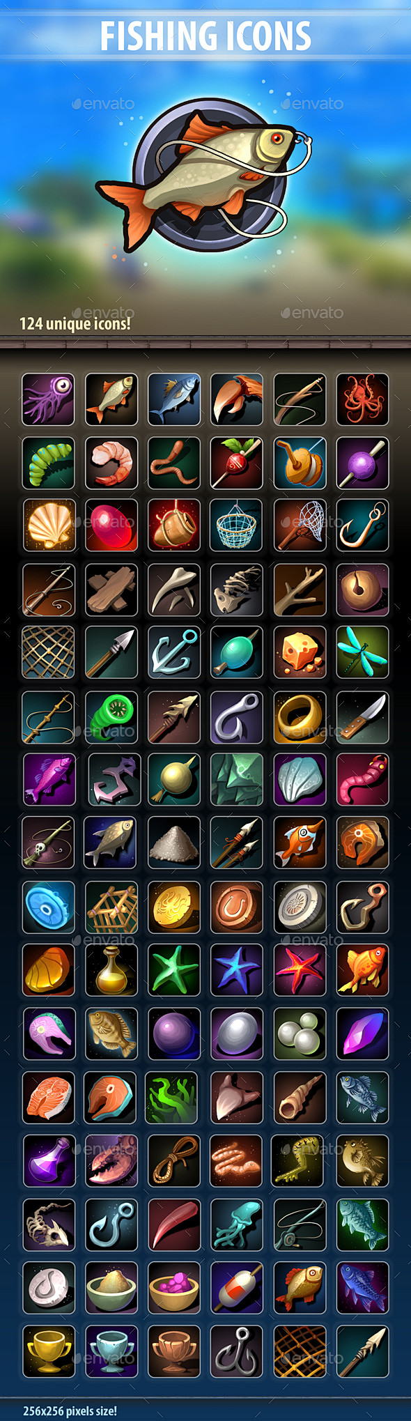 钓鱼图标-杂项游戏资产Fishing Icons - Miscellaneous Game Assets工艺、鱼、钓鱼、食物、gui,钩,图标 ...