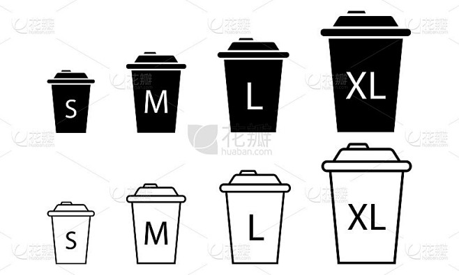 杯子大小矢量图标集。咖啡纸杯:小杯、中杯、大杯。