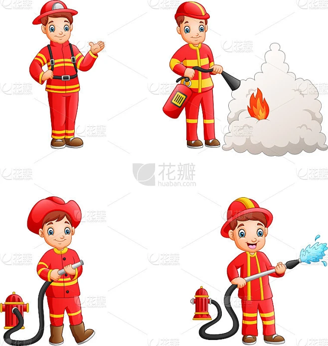 Cartoon firefighters collection with different act素材-花瓣网