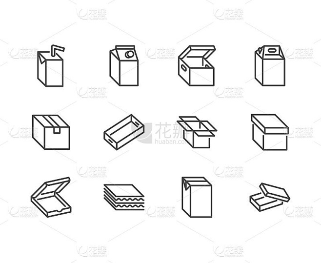 Carton flat line icons set. Cardboard box, juice,