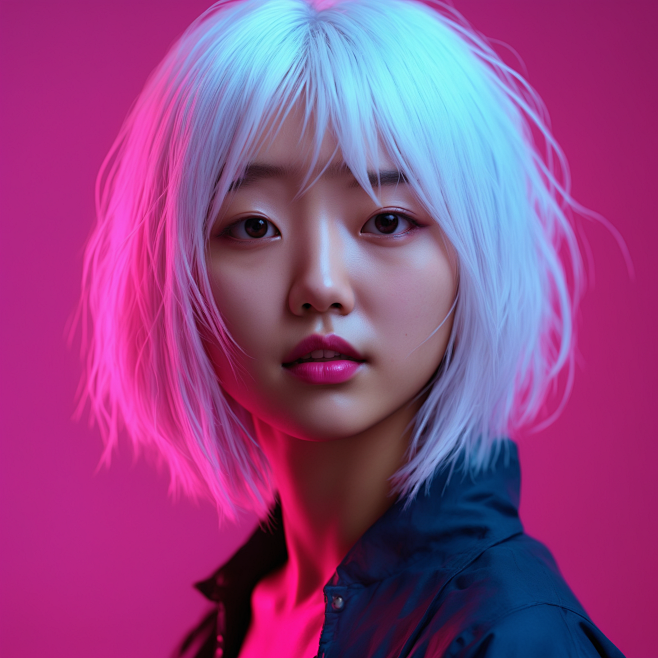 a cool asian girl, with white hair, chest shot,close up view,wearing ...