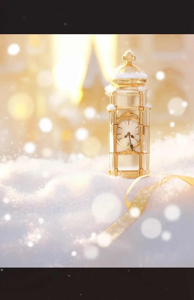 a mini clock tower in the snow with gold ribbons, in the style of bokeh ...