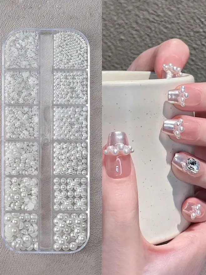 12 Grid Round White Pearl Nail Beads Nail Art Jewelry Caviar Beads Nail ...