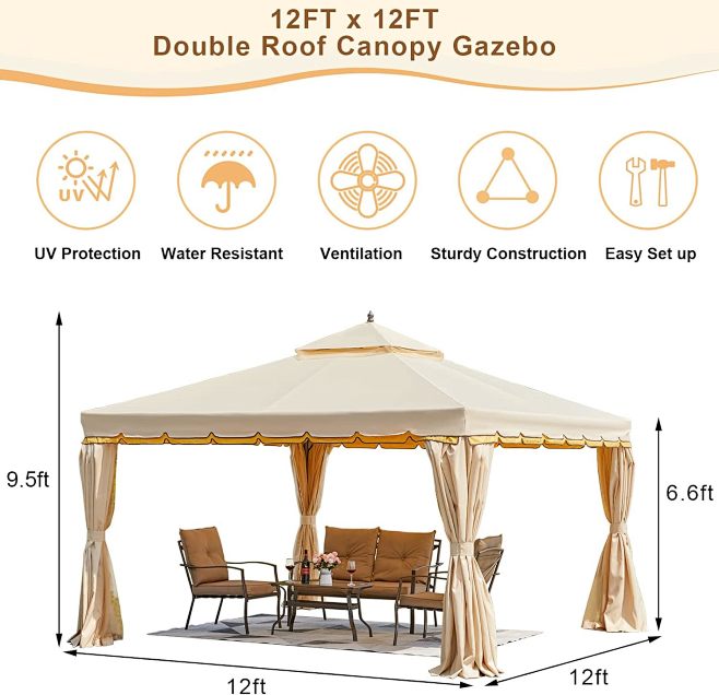 Amazon.com : Erommy 12' x 12' Outdoor Canopy Gazebo, Double Roof Patio ...
